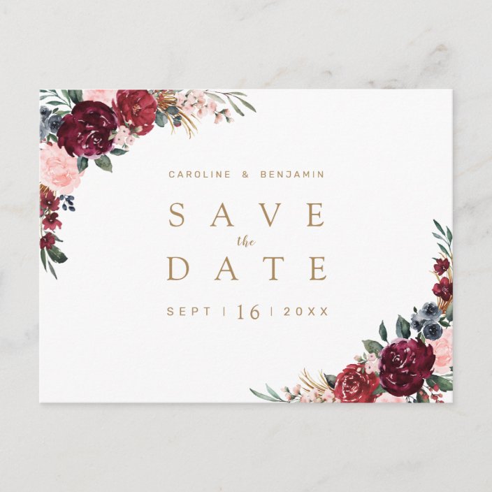 Burgundy rustic boho floral save the date announcement postcard ...