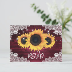 Burgundy Rustic Wood Lace Sunflower Wedding RSVP Card | Zazzle