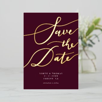 Burgundy Save The Date Calligraphy Foil Invitation | Zazzle