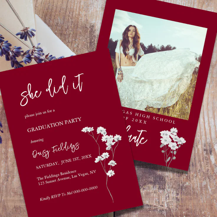 Burgundy She Did It Graduation Photo Invitation | Zazzle