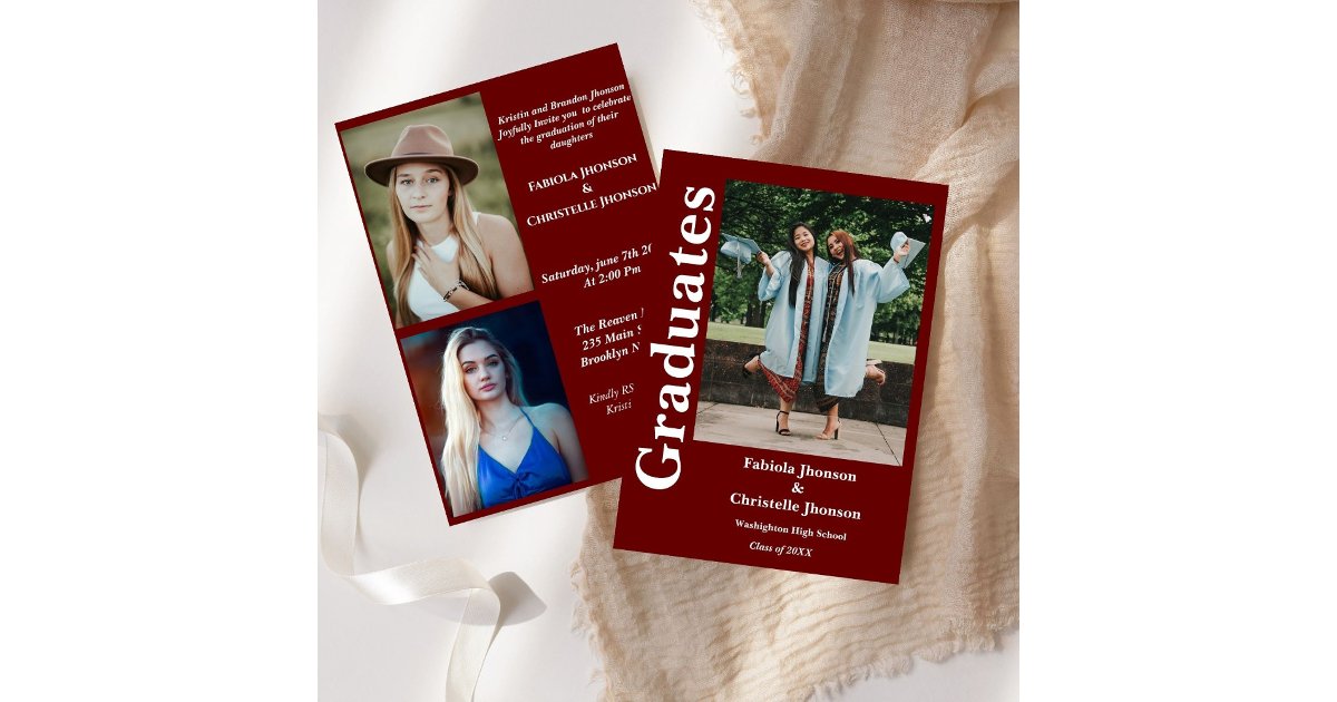 Burgundy siblings graduate Double graduation Invitation | Zazzle