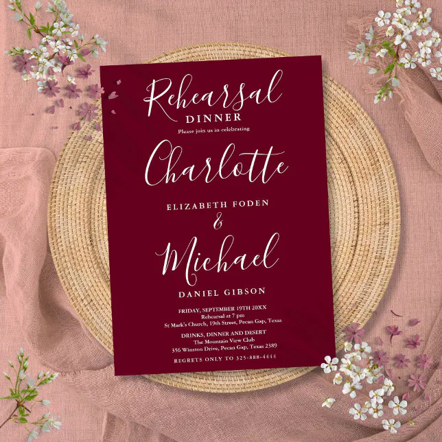 Burgundy Signature Script Rehearsal Dinner Invitation | Zazzle