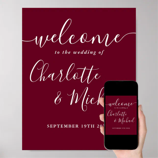 Burgundy Signature Script Wedding Welcome Sign | Zazzle