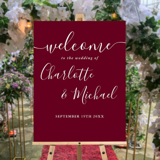 Burgundy Signature Script Wedding Welcome Sign | Zazzle