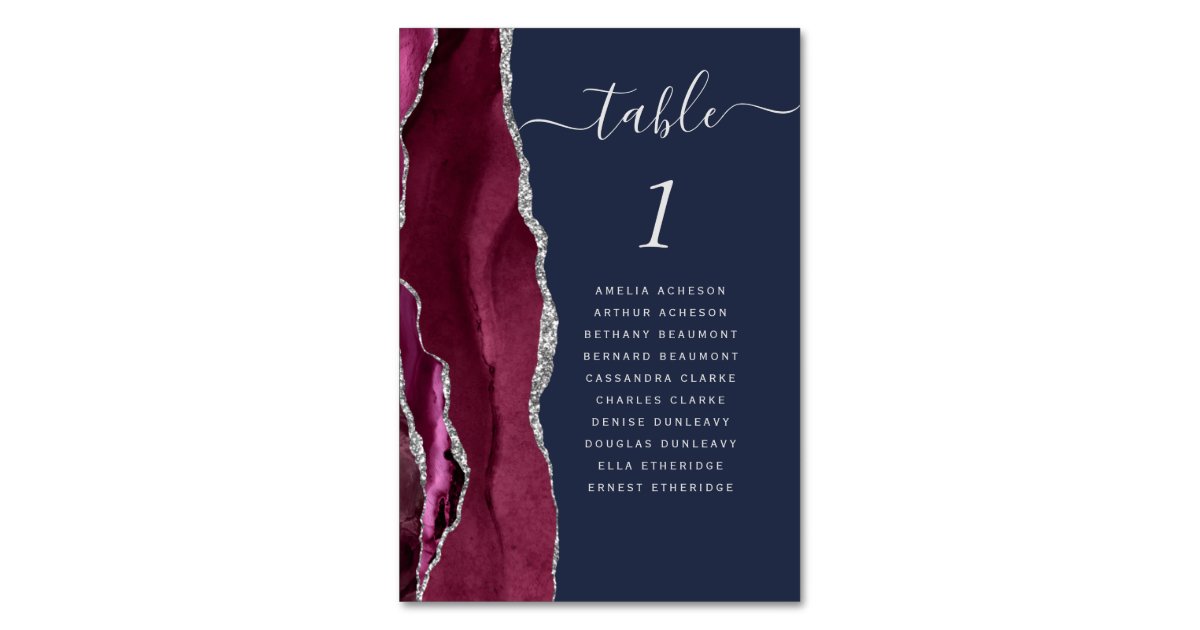 Burgundy Silver Agate Navy Blue Wedding Table Number | Zazzle