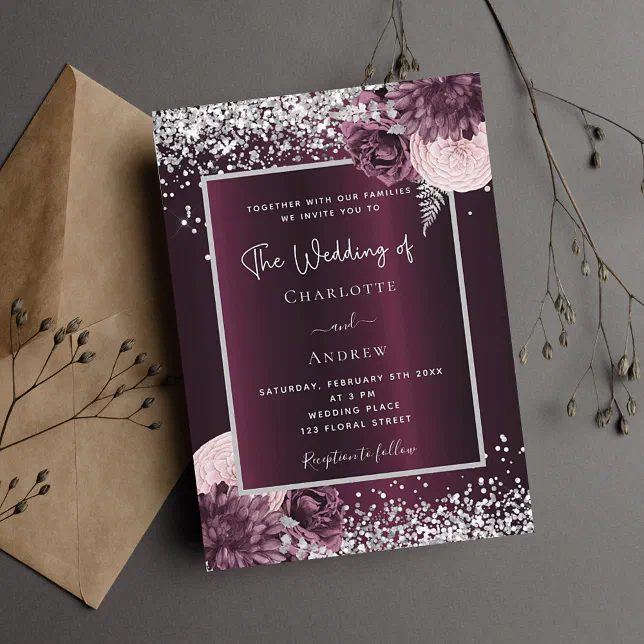 Burgundy silver floral elegant luxury wedding invitation | Zazzle