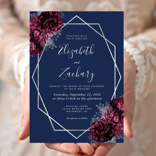 Burgundy Silver Floral Navy Blue Wedding Invitation | Zazzle