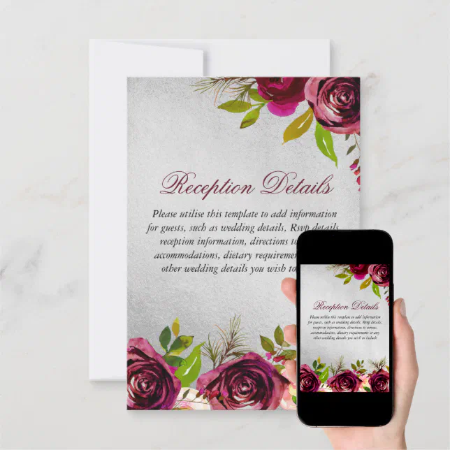 Burgundy Silver Floral Wedding Reception details Invitation | Zazzle