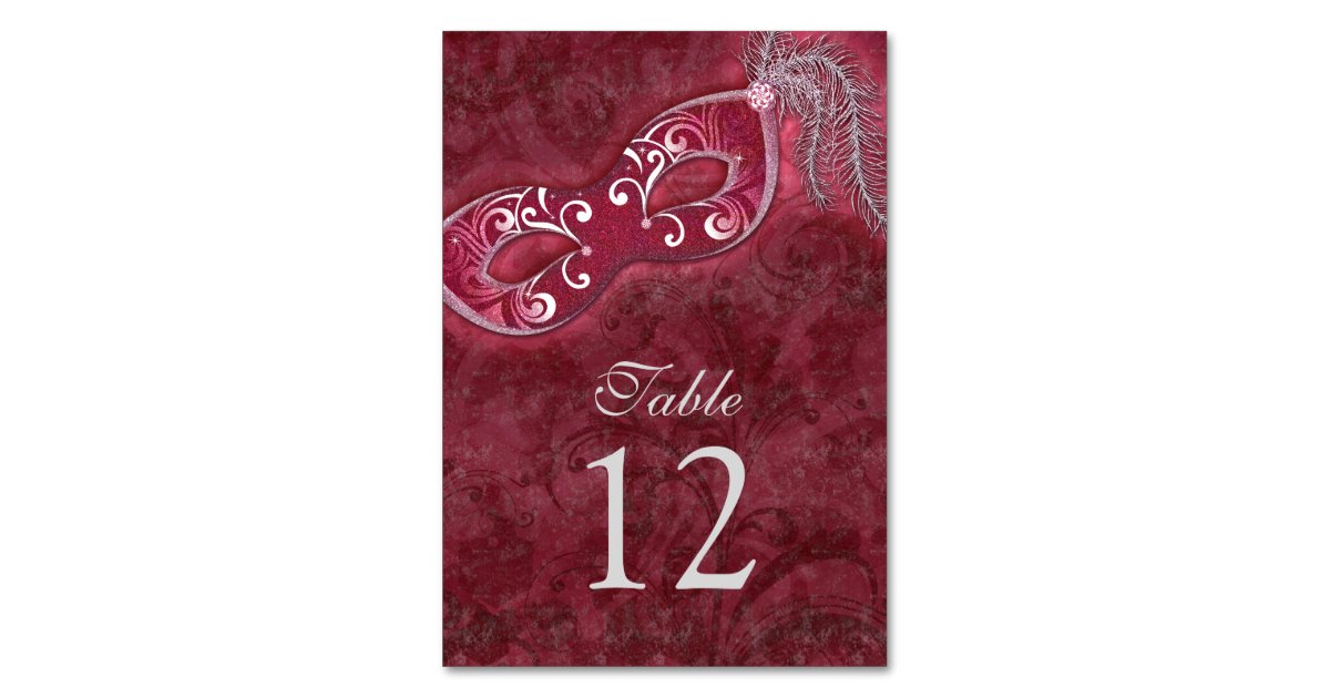 Burgundy Silver Masquerade Ball Mardi Gras Wedding Table Number | Zazzle