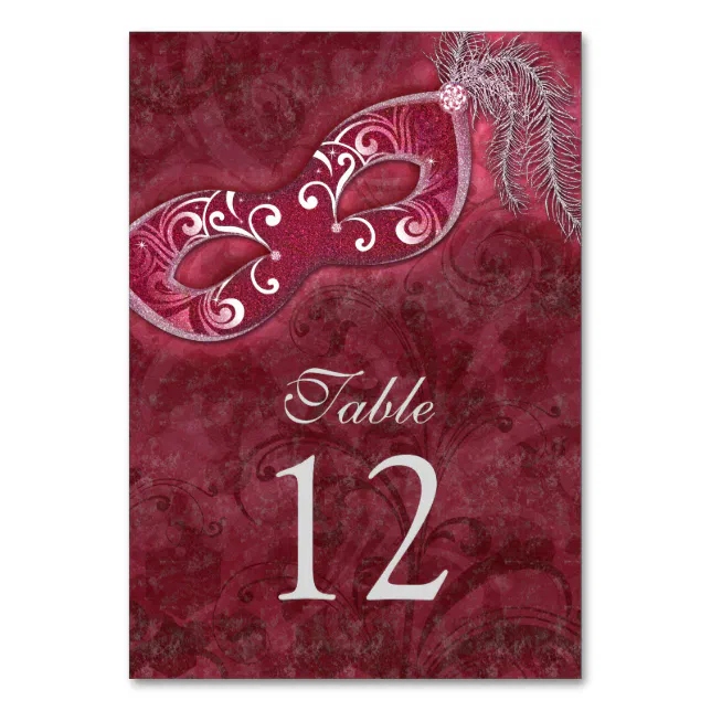 Burgundy Silver Masquerade Ball Mardi Gras Wedding Table Number | Zazzle