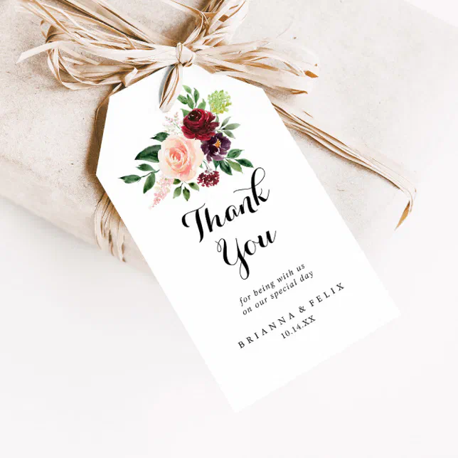 Burgundy Spring Floral Wedding Thank You Gift Tags | Zazzle