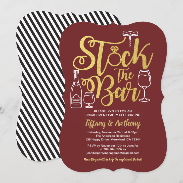 Burgundy stock the bar engagement party invitation | Zazzle