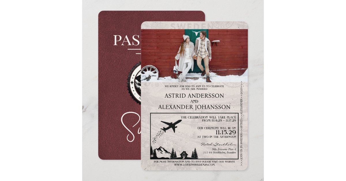 Burgundy Sweden Passport Wedding Invitation | Zazzle