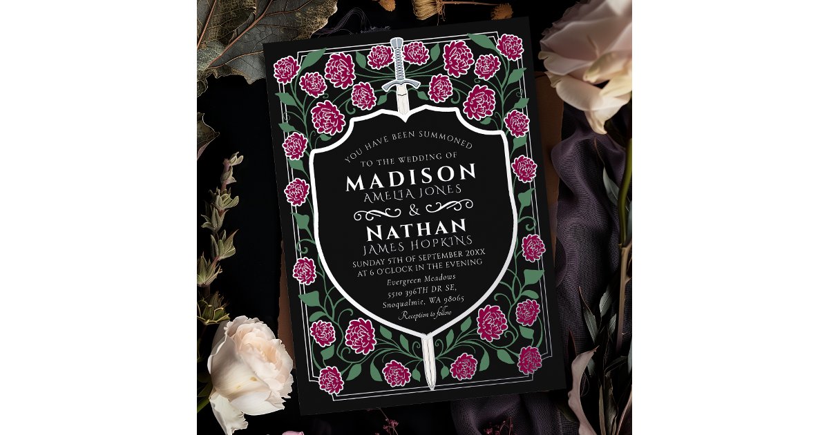 Burgundy Sword Shield Monogram Fantasy Wedding Foil Invitation | Zazzle