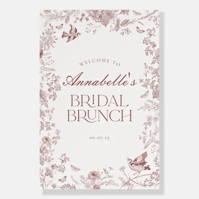Burgundy Toile Floral Bridal Brunch Welcome Sign | Zazzle