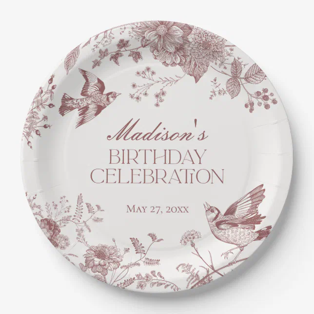 Burgundy Toile Jouy Vintage Floral Birthday Party Paper Plates | Zazzle