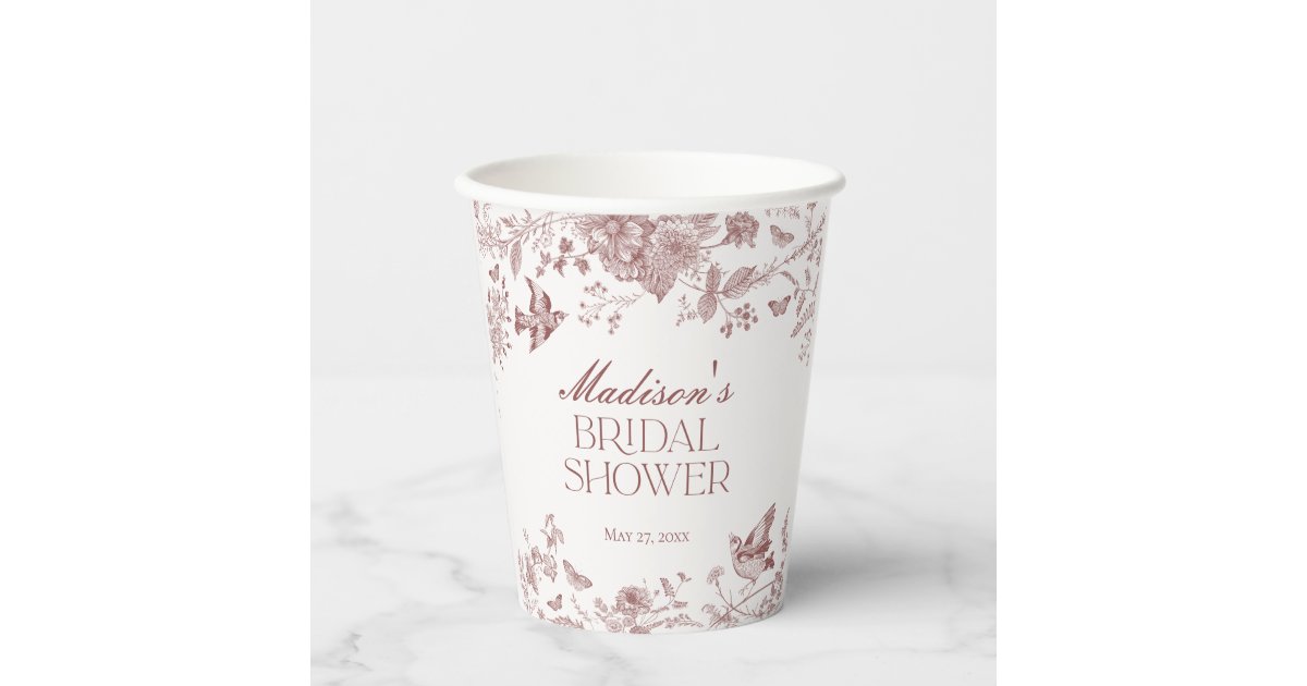 Burgundy Toile Jouy Vintage Floral Bridal Shower Paper Cups | Zazzle