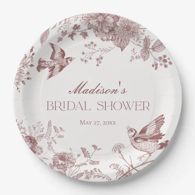 Burgundy Toile Jouy Vintage Floral Bridal Shower Paper Plates | Zazzle