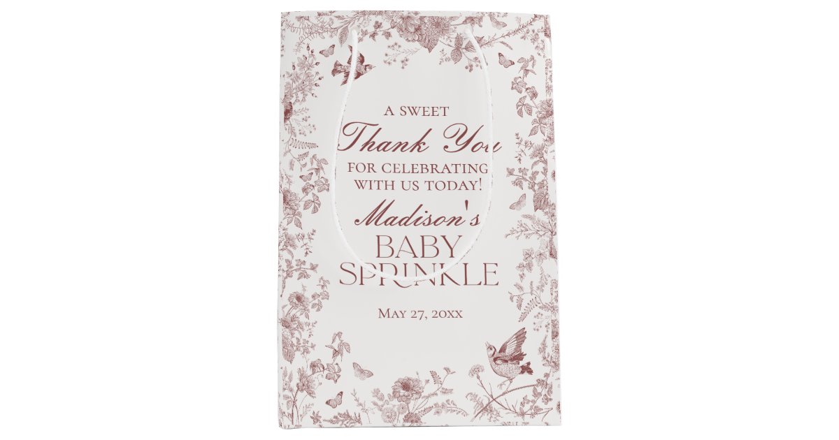Burgundy Toile Vintage Floral Baby Sprinkle Favor Medium Gift Bag | Zazzle