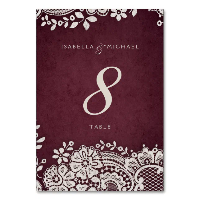 Burgundy vintage lace rustic wedding table card | Zazzle