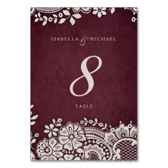 Burgundy vintage lace rustic wedding table card | Zazzle