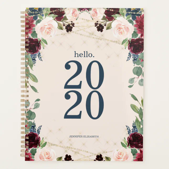 Burgundy Watercolor Floral Hello 2020 Cute Planner | Zazzle