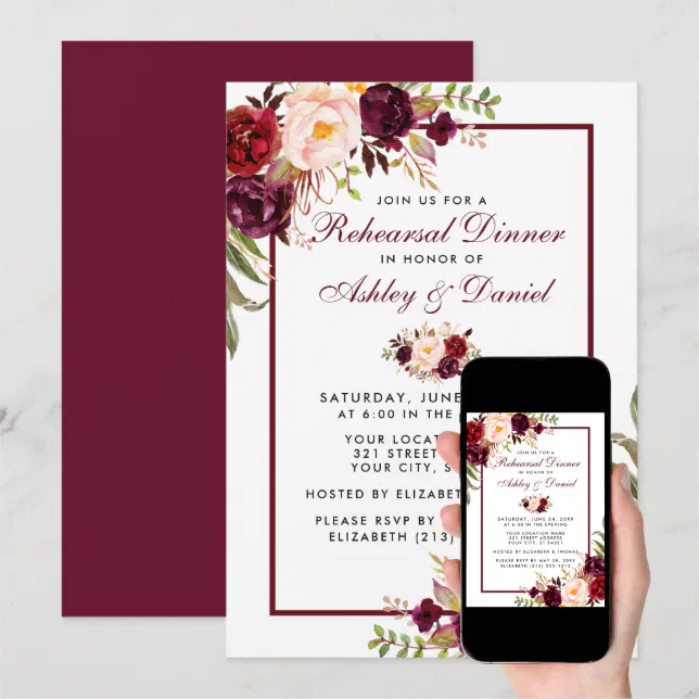 Burgundy Watercolor Floral Rehearsal Dinner Invitation | Zazzle