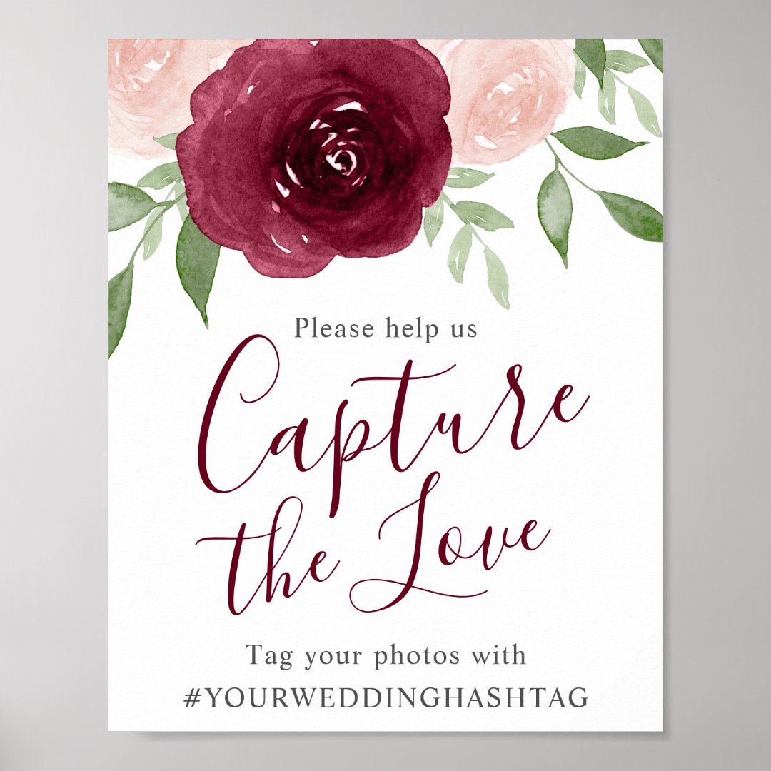 Burgundy Watercolor Floral Wedding Hashtag Sign | Zazzle