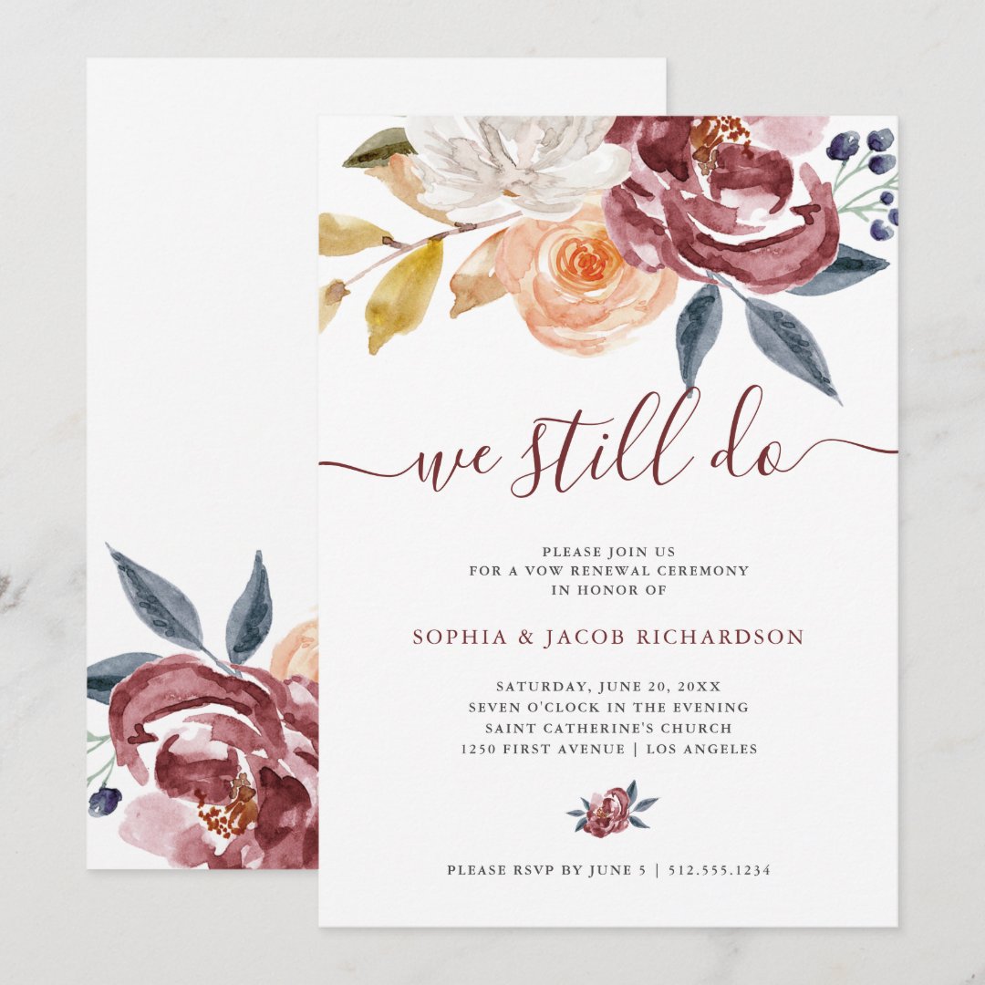 Burgundy Watercolor Floral | Wedding Vow Renewal Invitation | Zazzle
