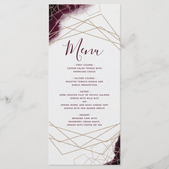 Burgundy Watercolor Geometric Frame Wedding Menu | Zazzle.com