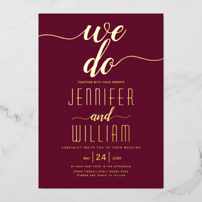 Burgundy "We do" script calligraphy wedding gold F Foil Invitation | Zazzle