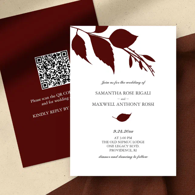 Burgundy Wedding Invitation with QR Code | Zazzle