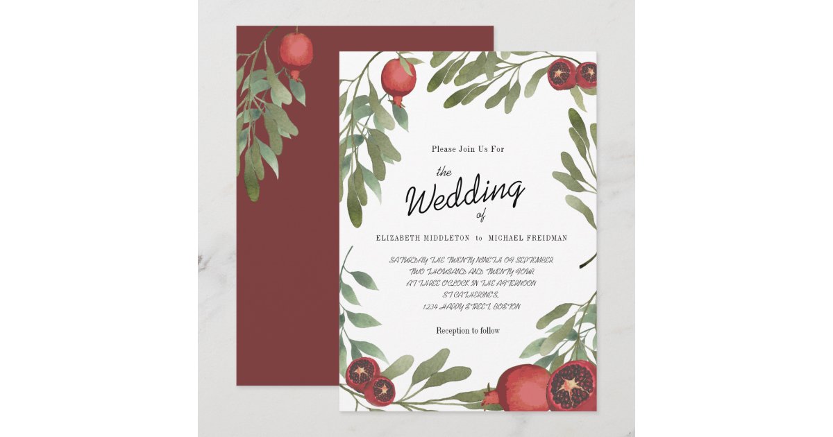 Burgundy Wedding Pomegranates Botanical Leaves Invitation | Zazzle