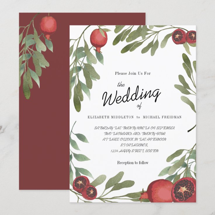 Burgundy Wedding Pomegranates Botanical Leaves Invitation | Zazzle