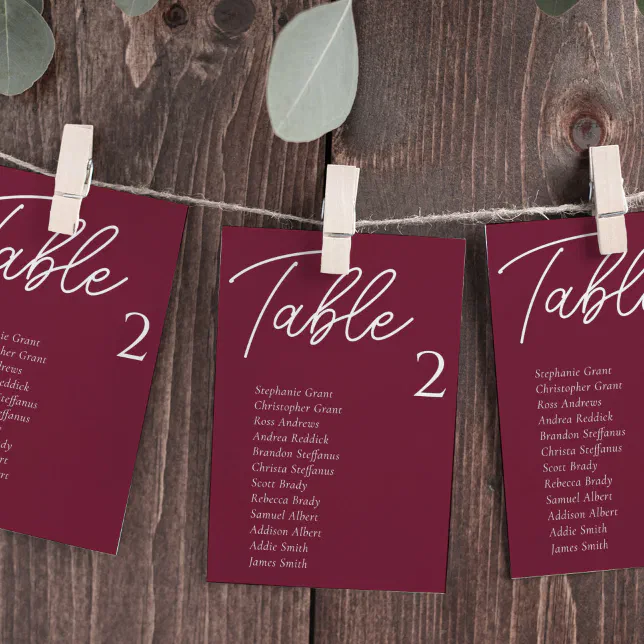 Burgundy Wedding Table Seating Chart Cards | Zazzle