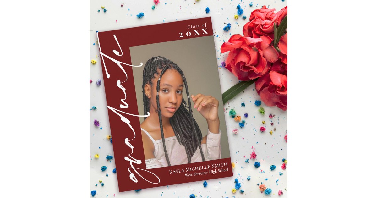 Burgundy White Calligraphy Photo Graduation Invitation | Zazzle