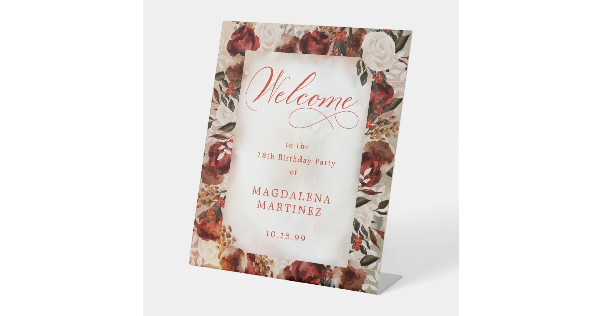 Burgundy White Rose 18th Birthday Welcome Pedestal Sign | Zazzle