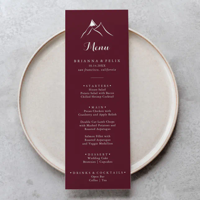 Burgundy White Silhouette Mountain Dinner Menu | Zazzle