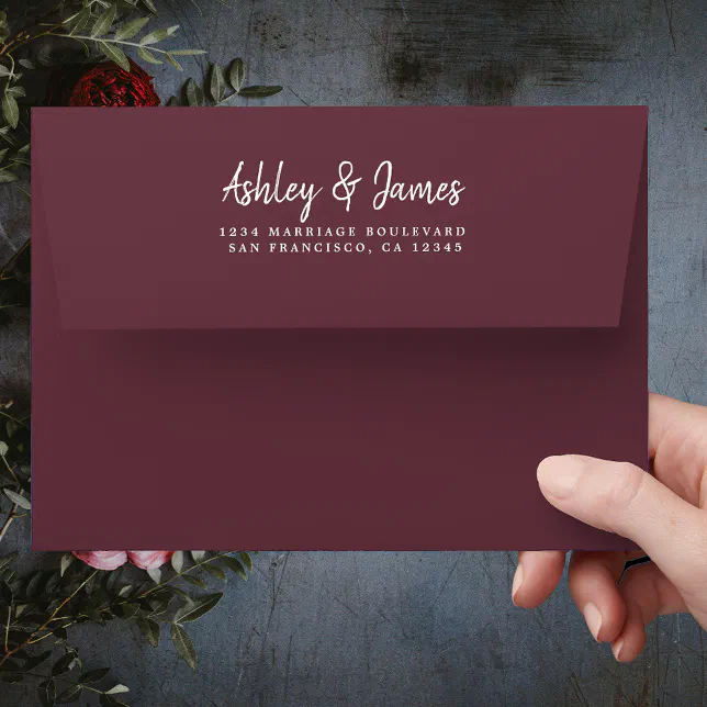 Burgundy White Wedding Return Address Envelope | Zazzle