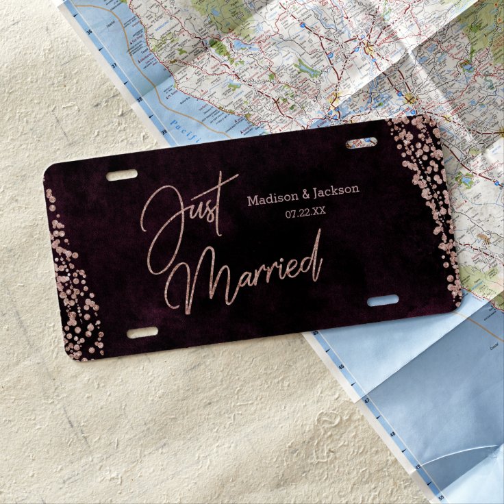 Burgundy Wine & Rose Gold Wedding Just Married License Plate | Zazzle