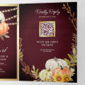 Burgundy Wood Sunflower Pumpkin QR Code Wedding Tri-Fold Invitation ...