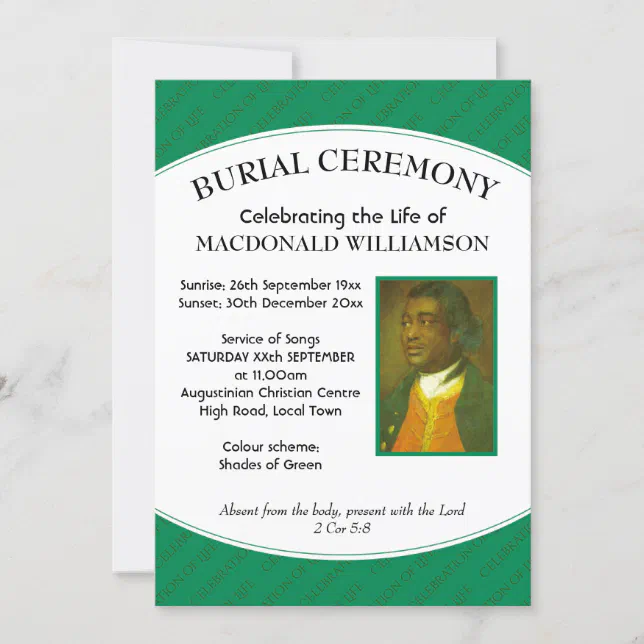 BURIAL CEREMONY | Photo | Green | Funeral Invitation | Zazzle