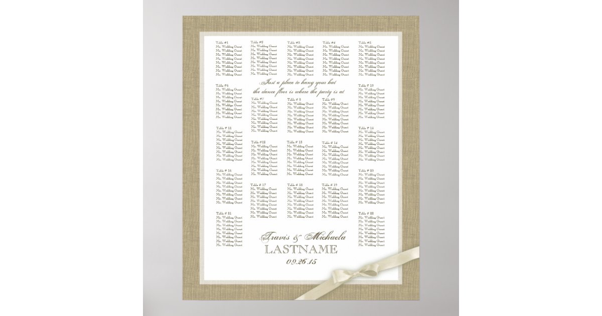 Burlap and Antique White Bow Wedding Seating Chart | Zazzle
