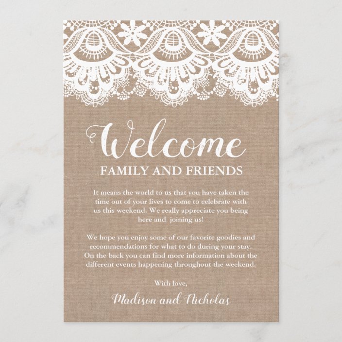 Burlap and Lac Wedding Hotel Welcome Cards, Rustic Program | Zazzle.com