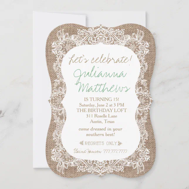 Burlap and Lace Birthday Invitation | Zazzle