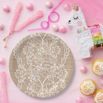 Burlap and Lace Paper Plate | Zazzle