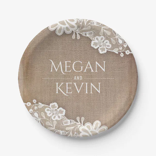 Burlap and Lace Rustic Country Wedding Paper Plates | Zazzle