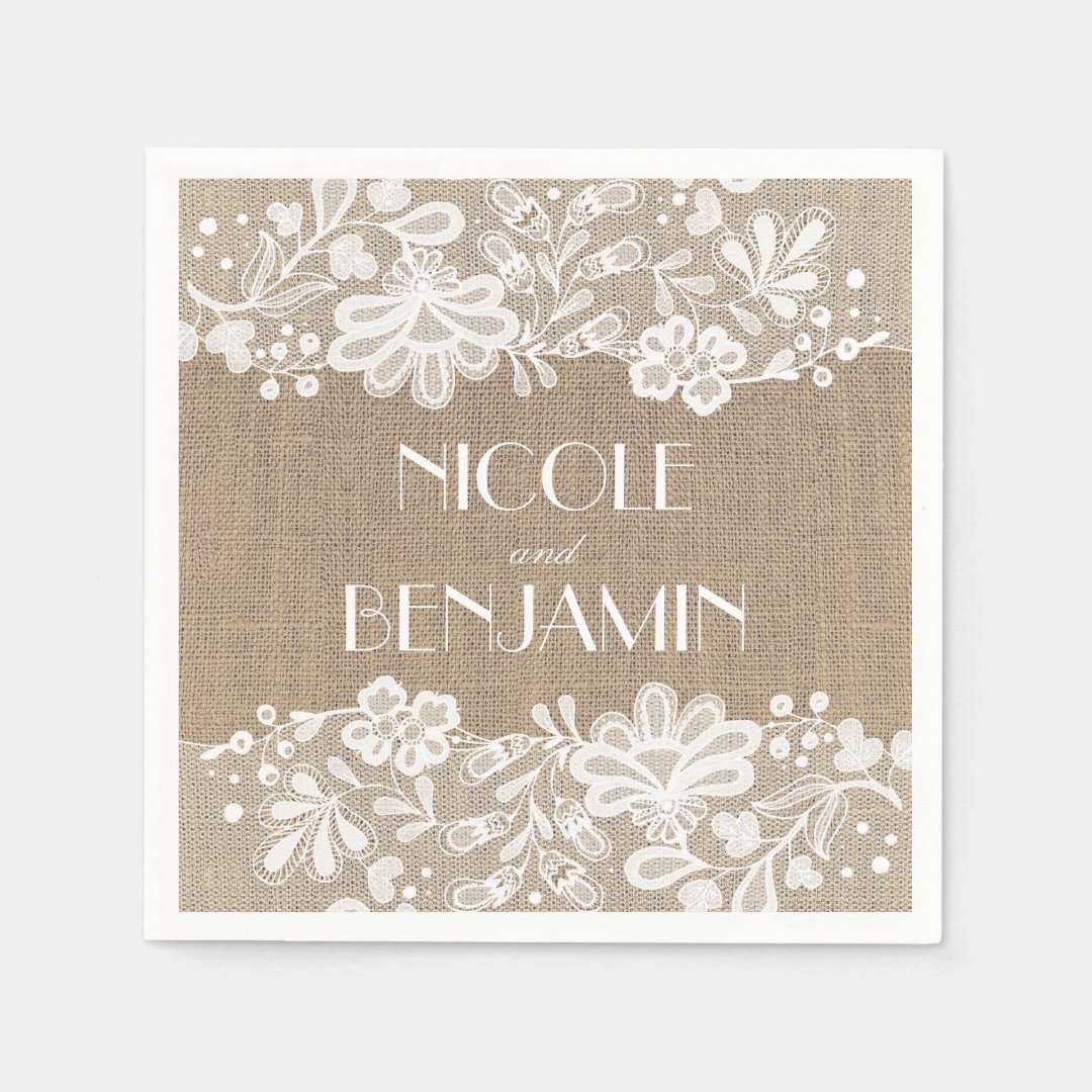 Burlap and Lace Vintage Elegant Wedding Paper Napkins | Zazzle