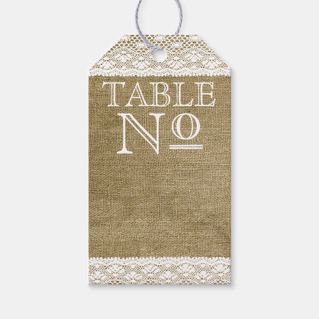 Burlap and Lace Vintage Typograpy Table Number Gift Tags | Zazzle