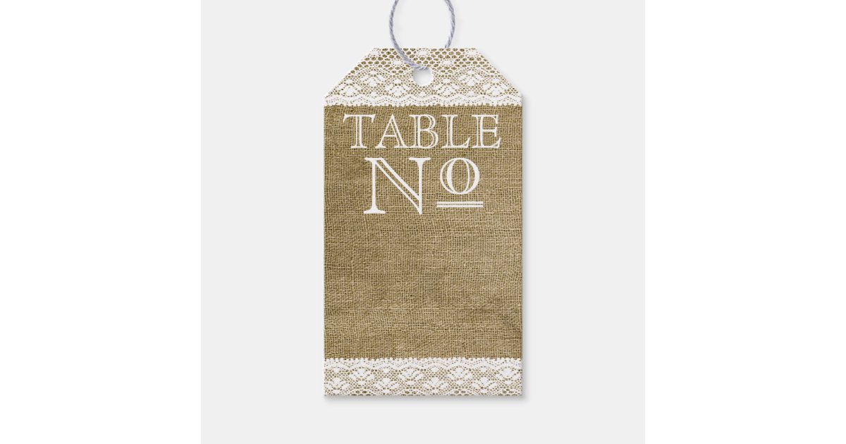 Burlap and Lace Vintage Typograpy Table Number Gift Tags | Zazzle